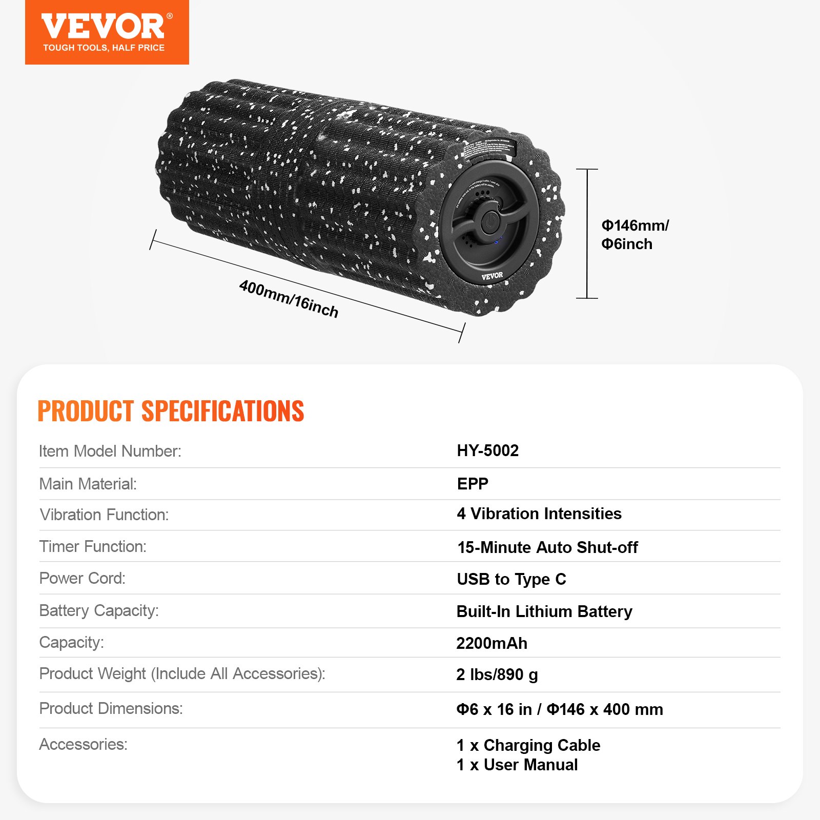 VEVOR Vibrating Foam Roller, 4-Speed Electric Massage Roller, 16 ...