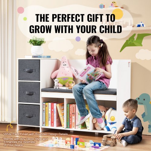 VEVOR Kids Reading Nook Bench, Toddler Bookshelf and Bookcase with ...