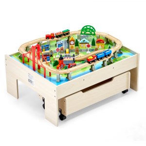 VEVOR Train Table, 100 Multicolor Pieces Wooden Kids Activity Table ...