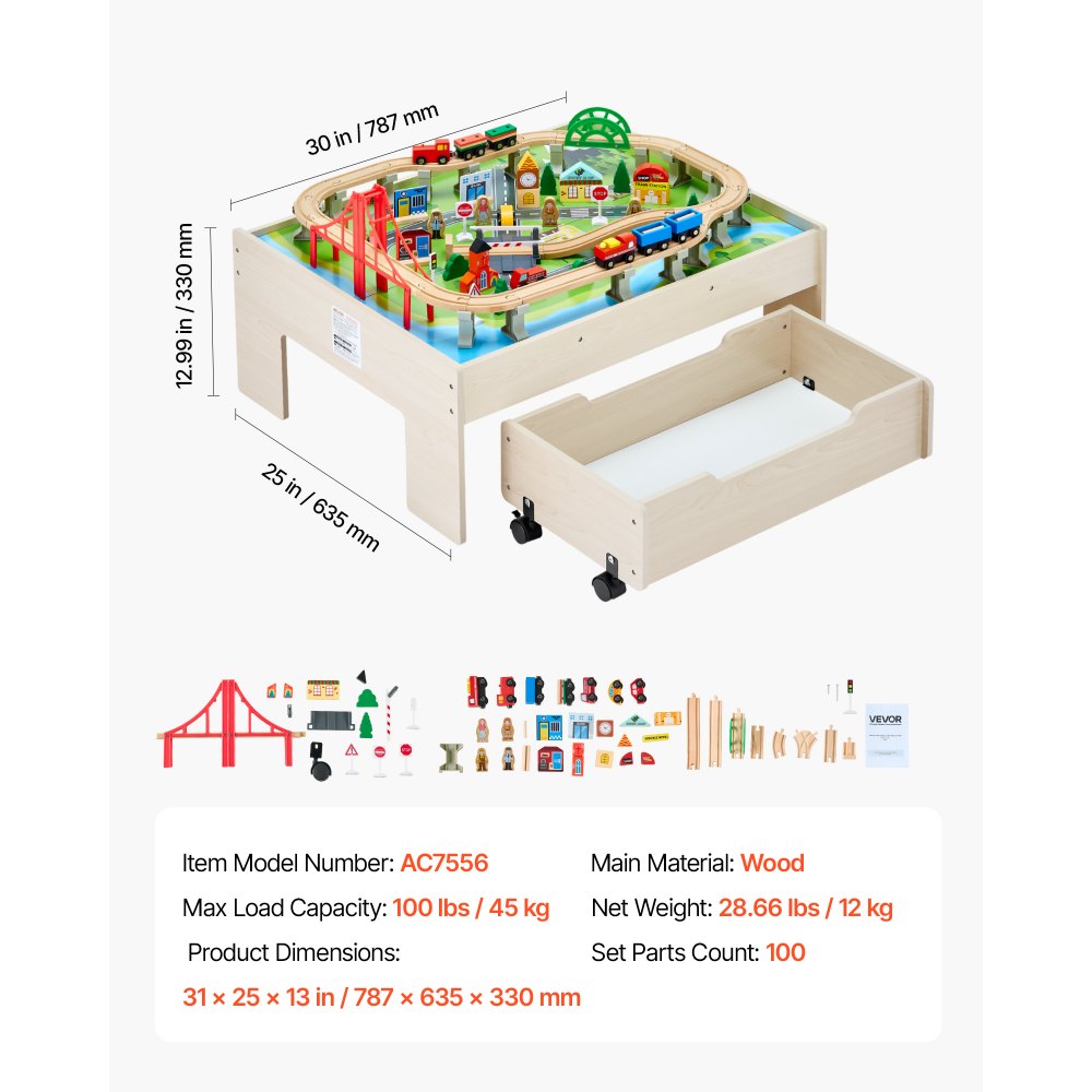VEVOR Train Table, 100 Multicolor Pieces Wooden Kids Activity Table ...