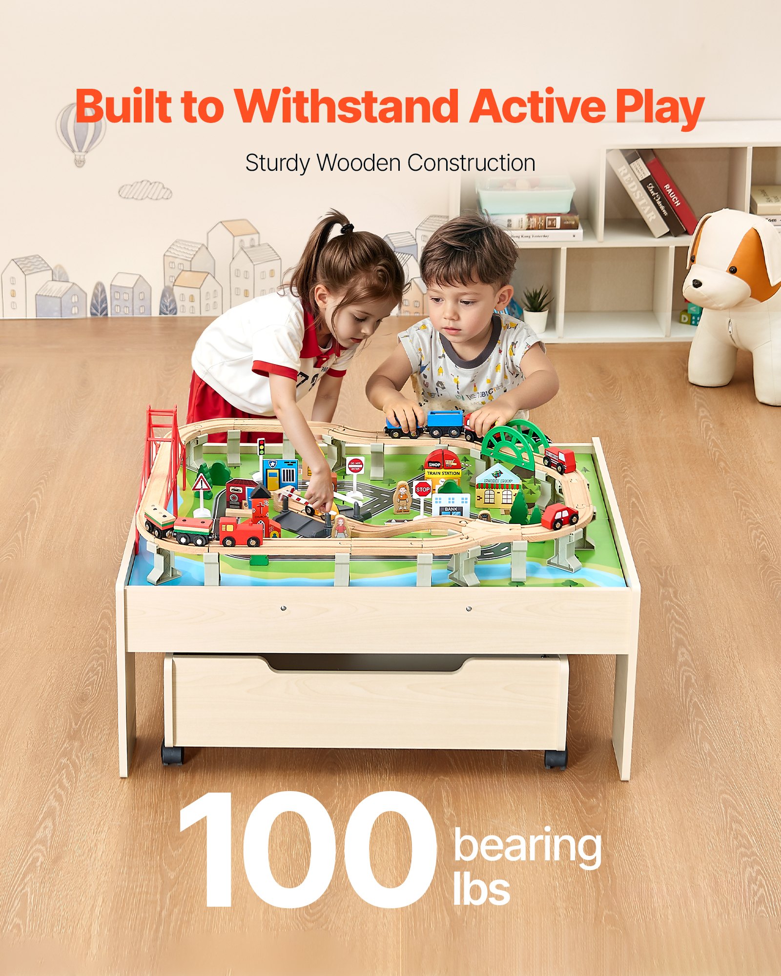VEVOR Train Table, 100 Multicolor Pieces Wooden Kids Activity Table ...