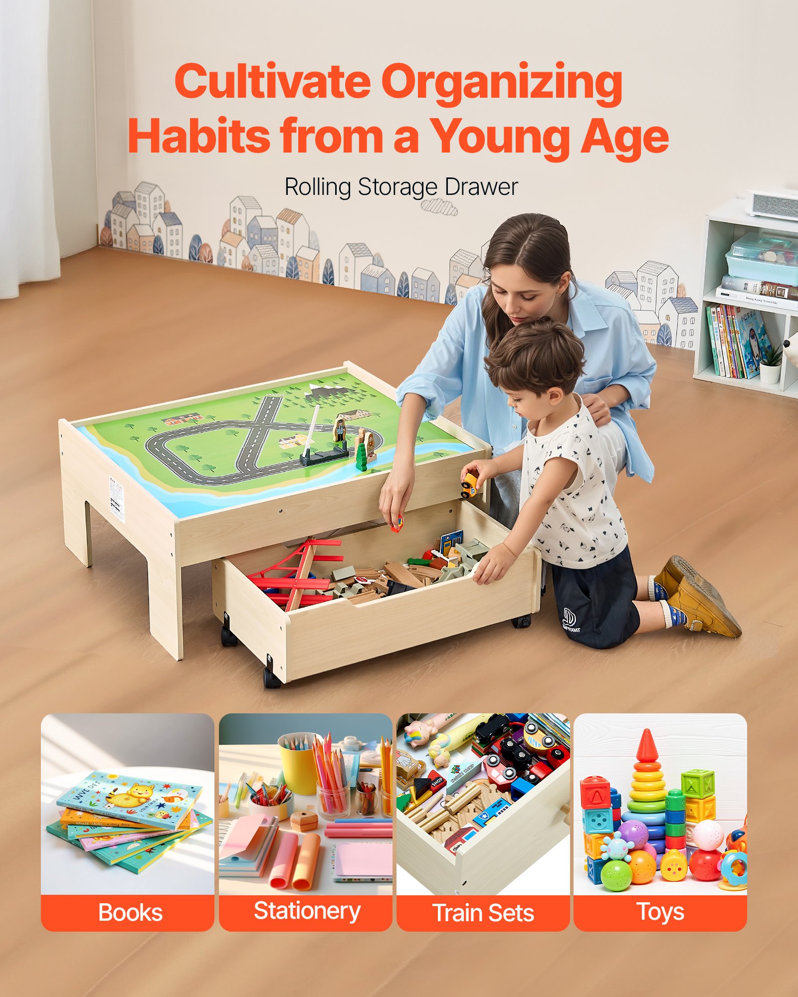 VEVOR Train Table, 100 Multicolor Pieces Wooden Kids Activity Table ...