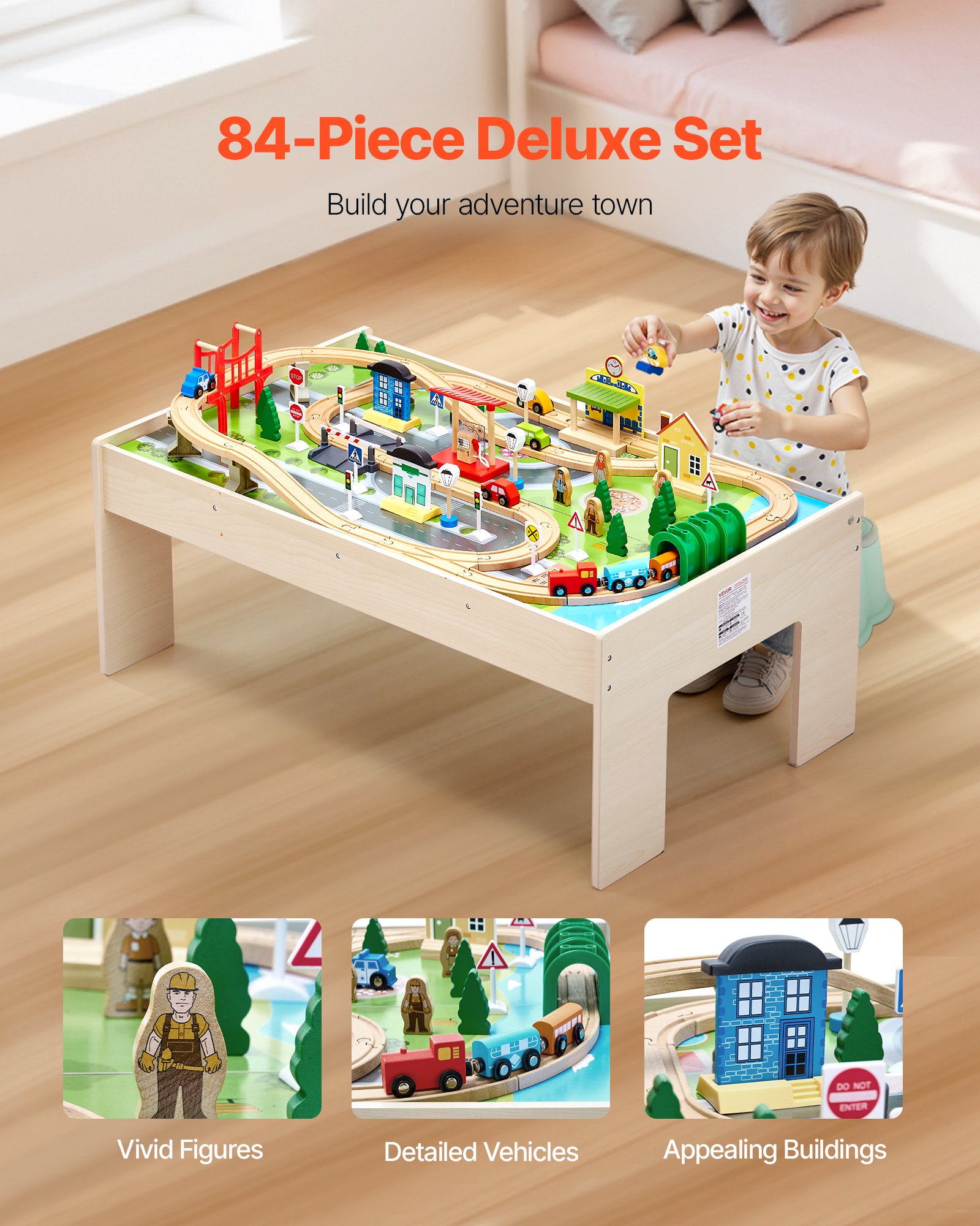VEVOR Train Table Set — Wooden 84-PCS Kids Fun and Learning