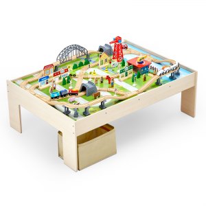 VEVOR Train Table, 120 Multicolor Pieces Wooden Kids Activity Table ...