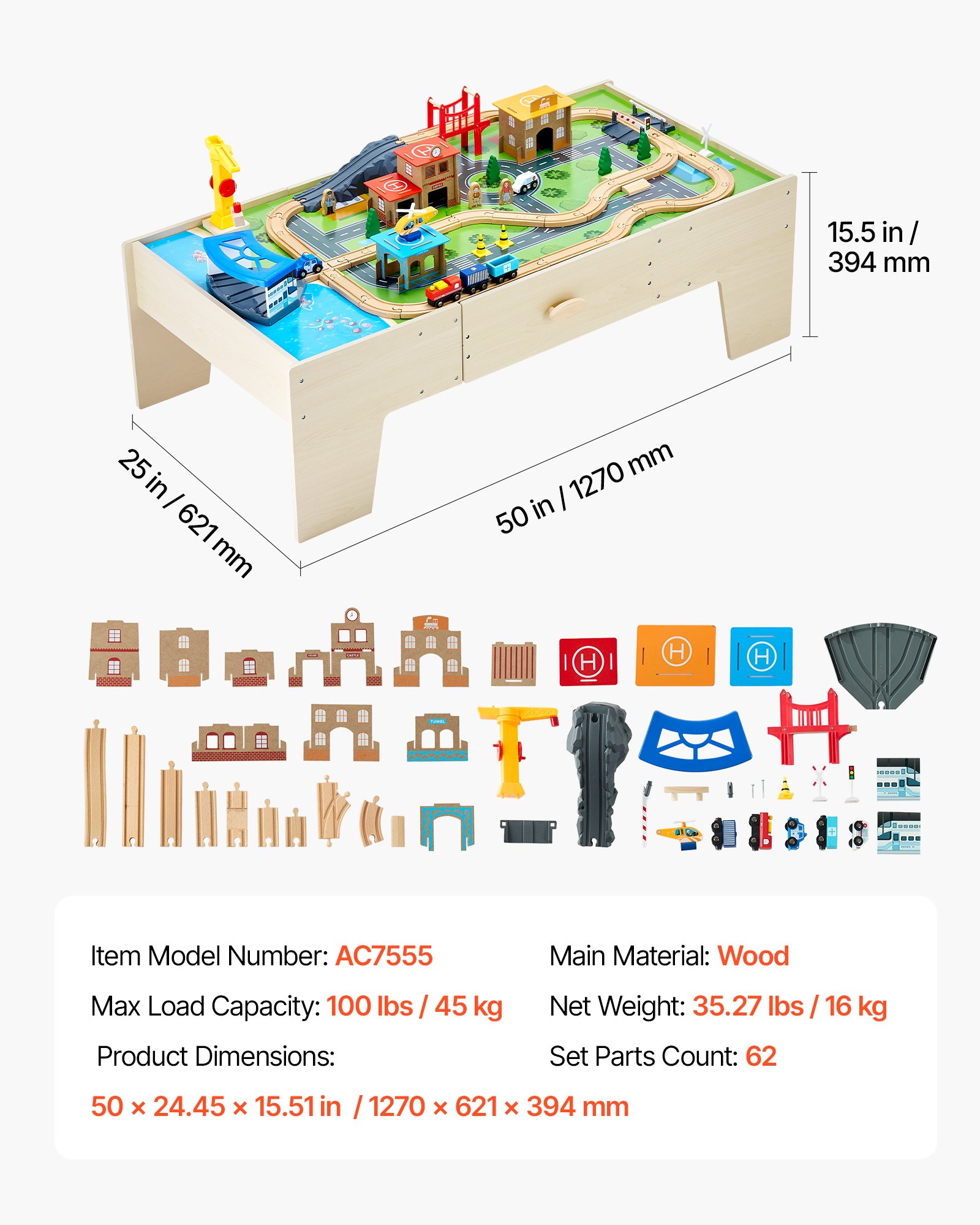 VEVOR Wooden Train Set and Table - 100 lbs, 62-piece pack