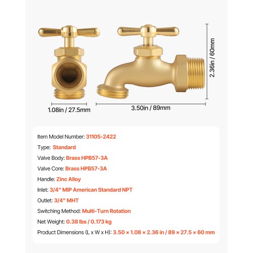 Hose Bibb 3/4" MIP x 3/4" MHT Connection Brass Outdoor Water Faucet ...