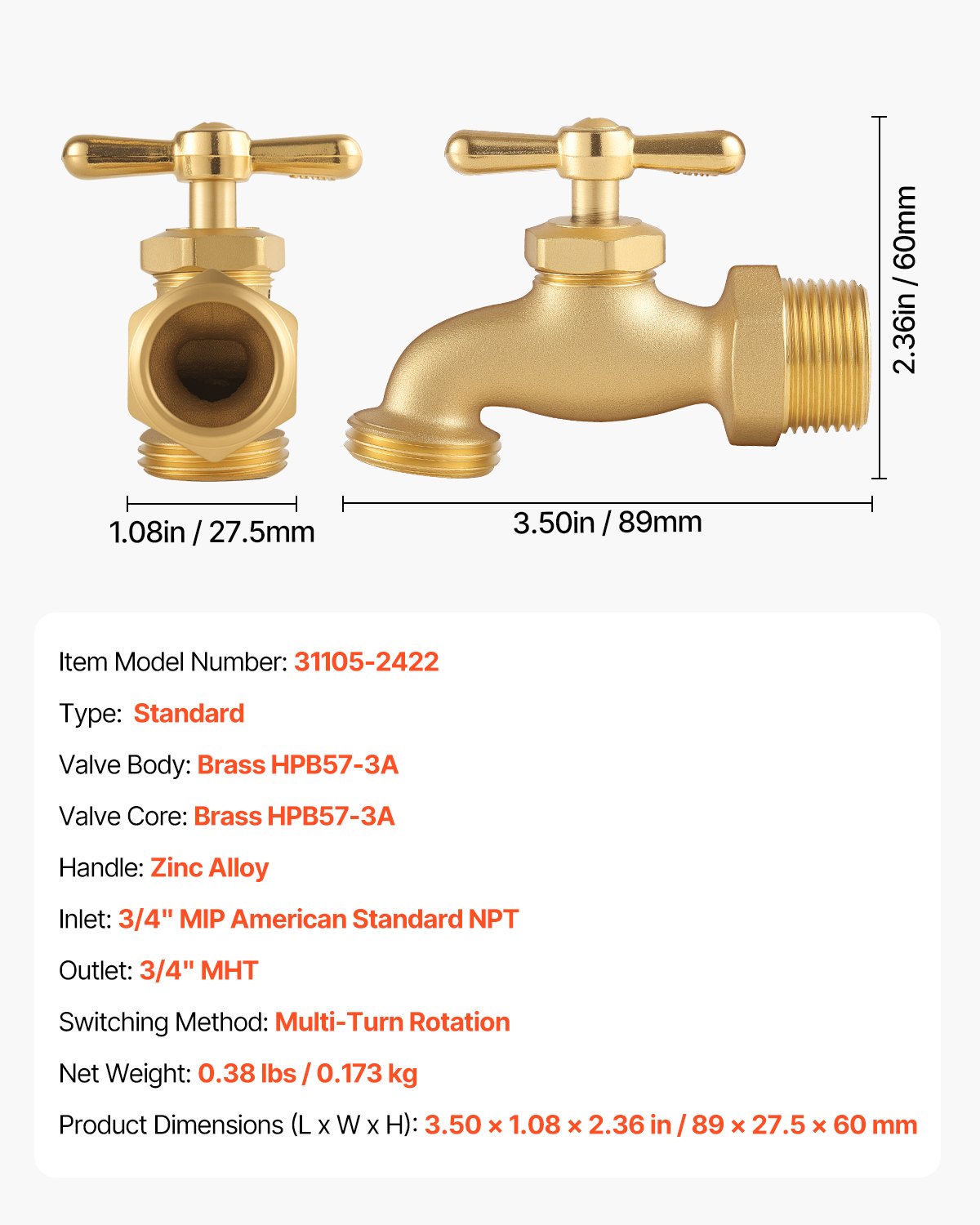 VEVOR Hose Bibb, 3/4" MIP x 3/4" MHT Connection, Multi-Turn Garden ...