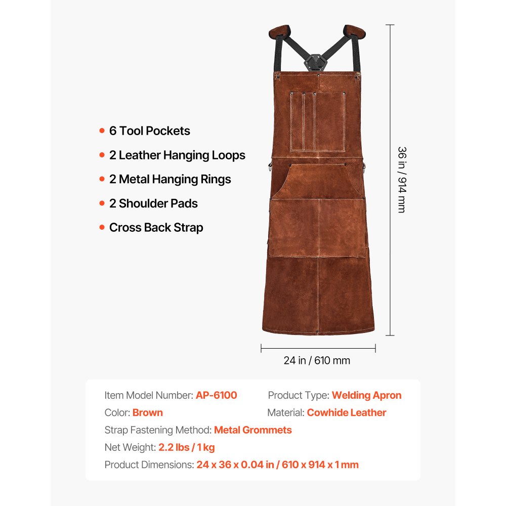 VEVOR Leather Welding Work Apron, Heavy Duty Cowhide Flame Resistant ...
