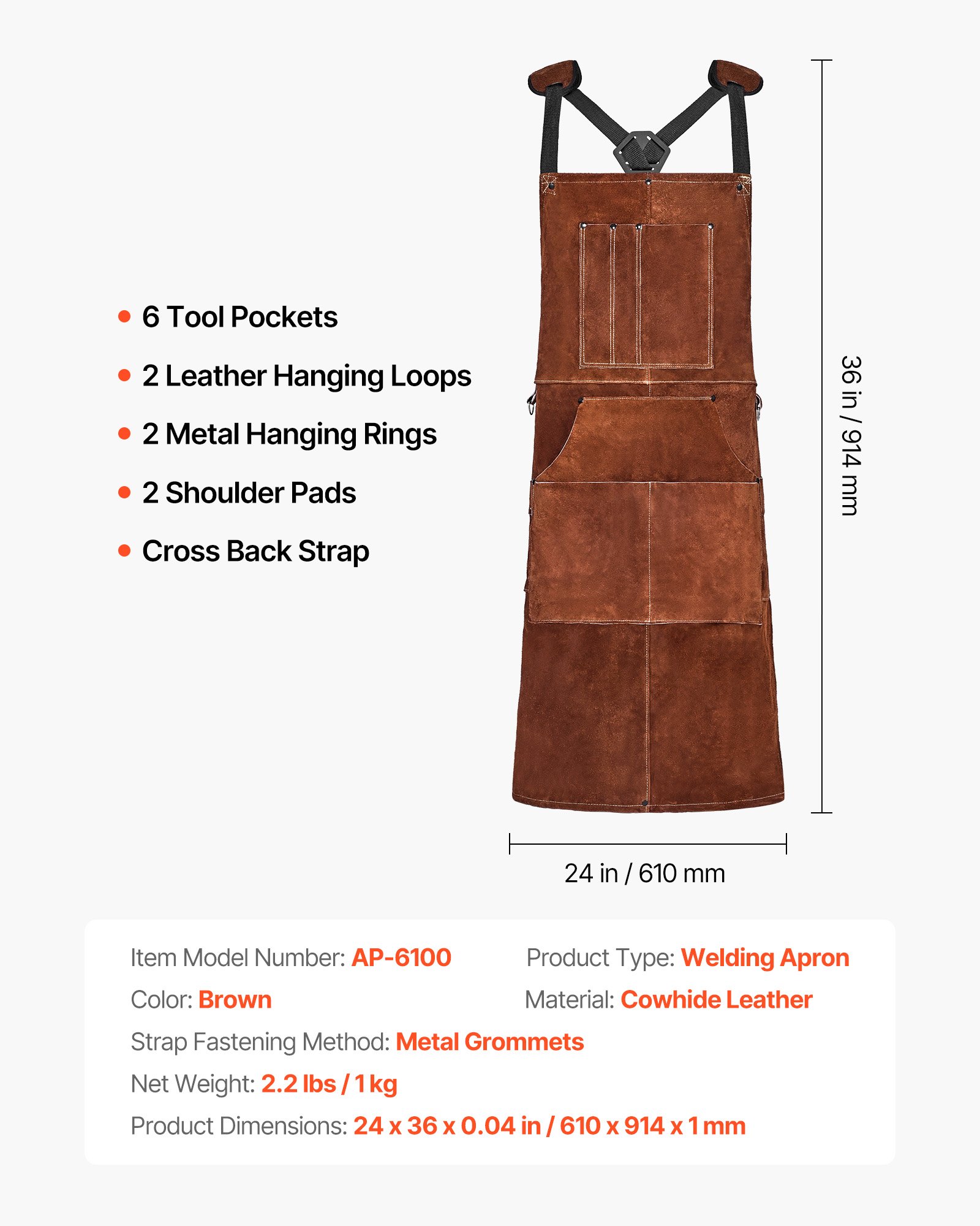 VEVOR Leather Welding Work Apron, Heavy Duty Cowhide Flame Resistant ...