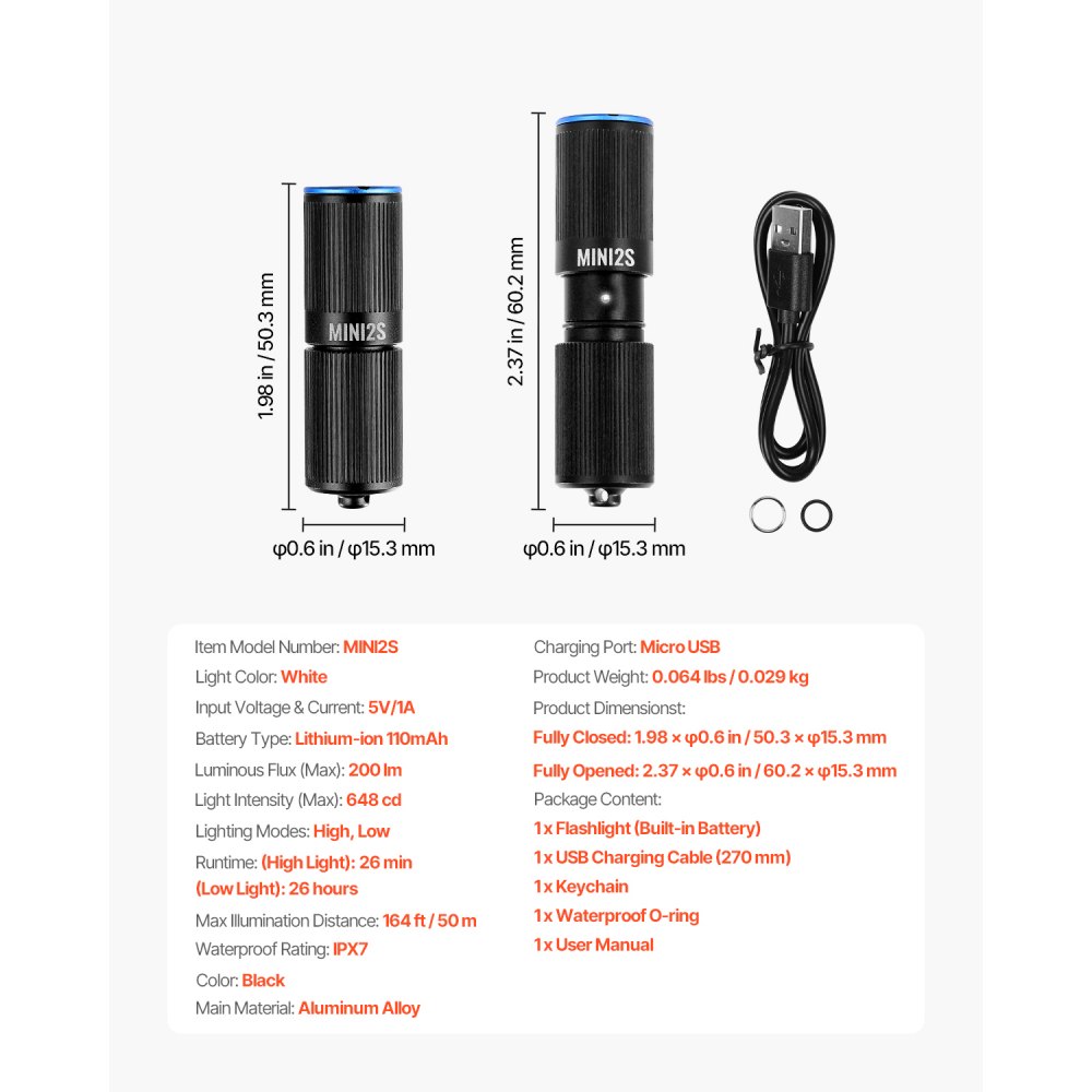 VEVOR Rechargeable Keychain Flashlight – 200 Lumens, 164 FT