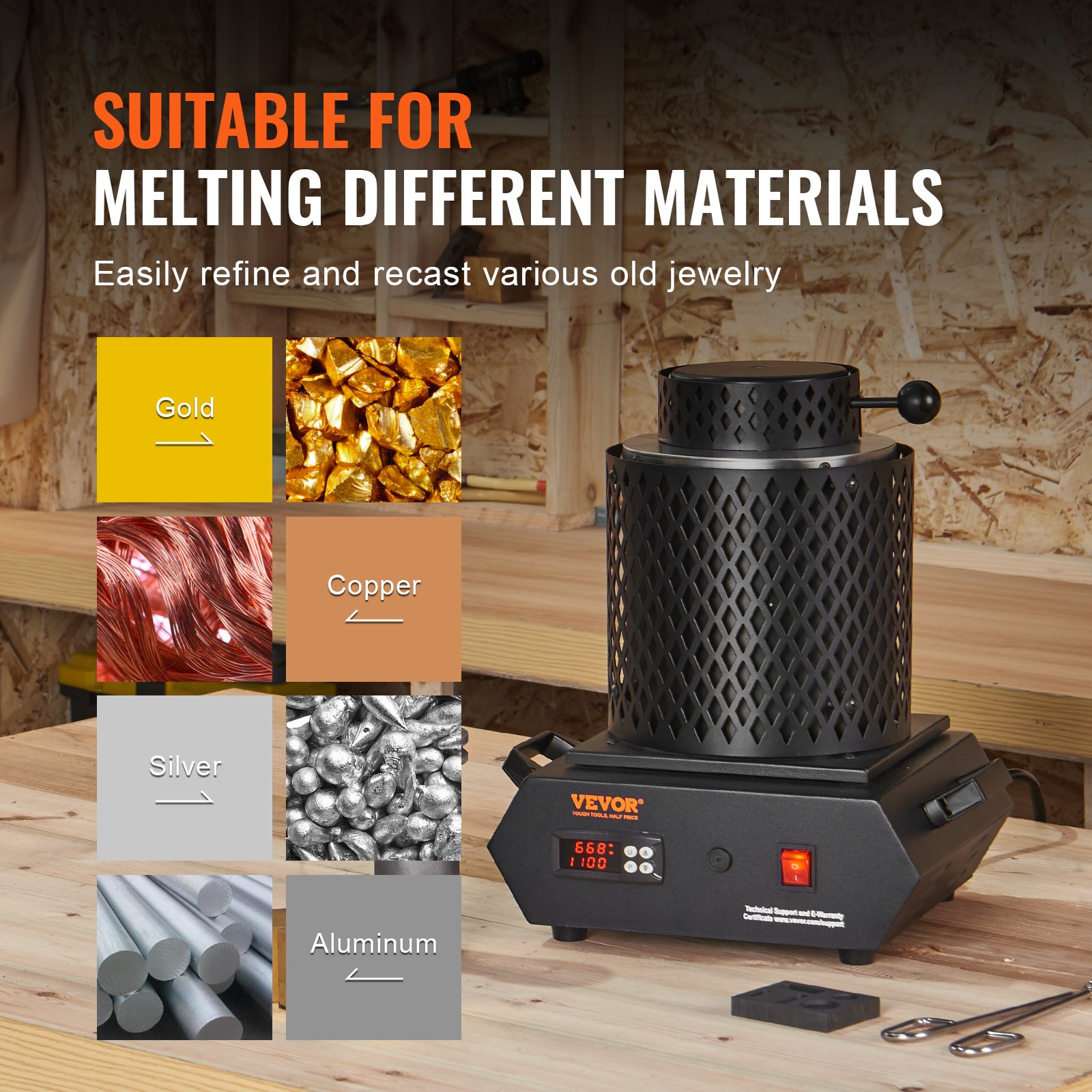 VEVOR 1350W Gold Melting Furnace, Electric Digital Smelting Furnace, 2102℉/1150℃ Electric ...