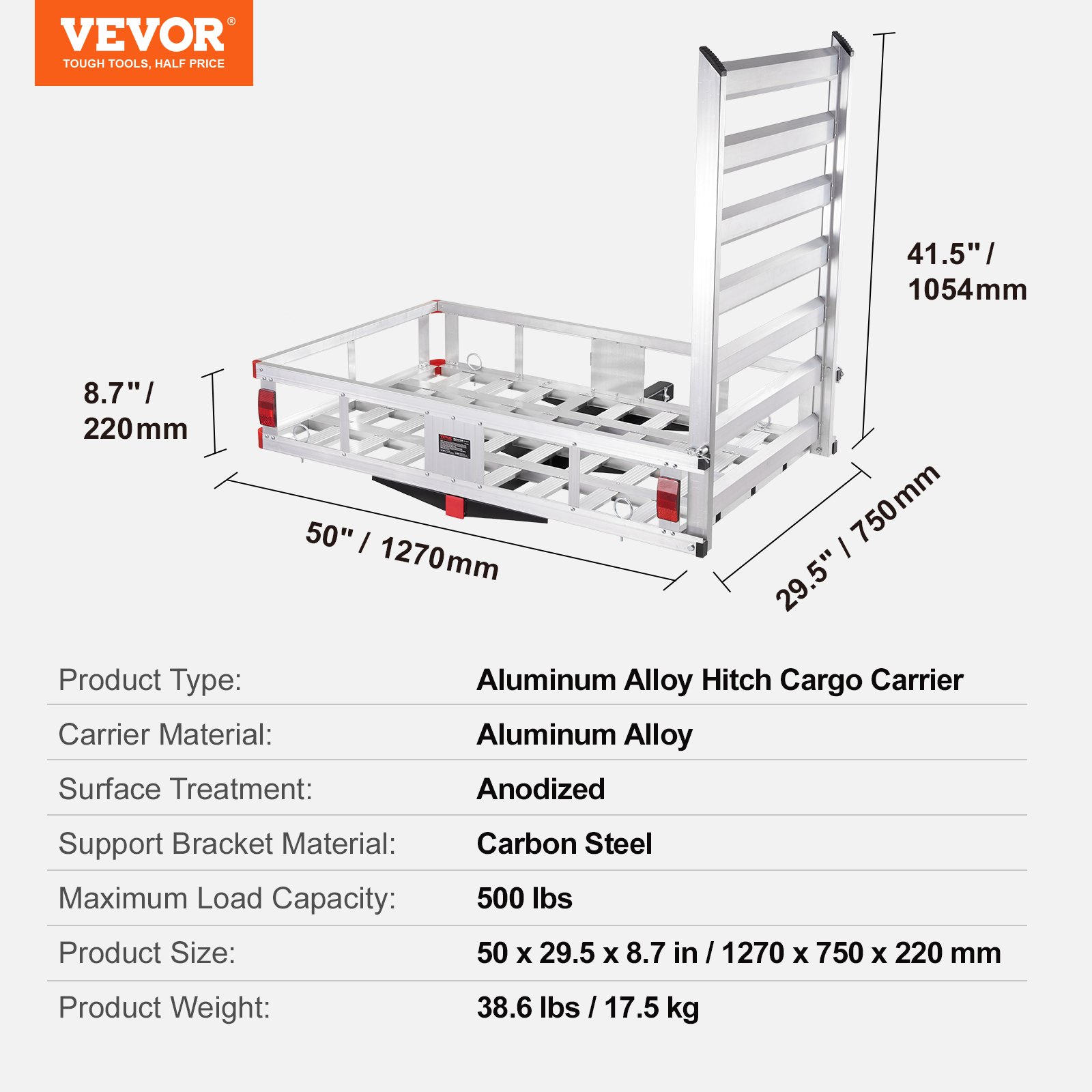 VEVOR 50 x 29.5 x 8.7 in Hitch Cargo Carrier, 500lb Capacity Trailer ...