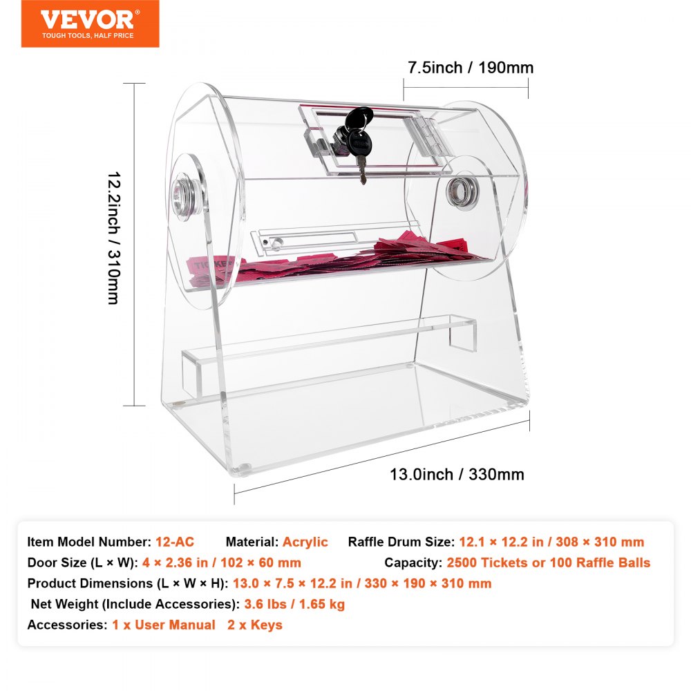 VEVOR Acrylic Raffle Drum, Professional Raffle Ticket Spinning Cage ...