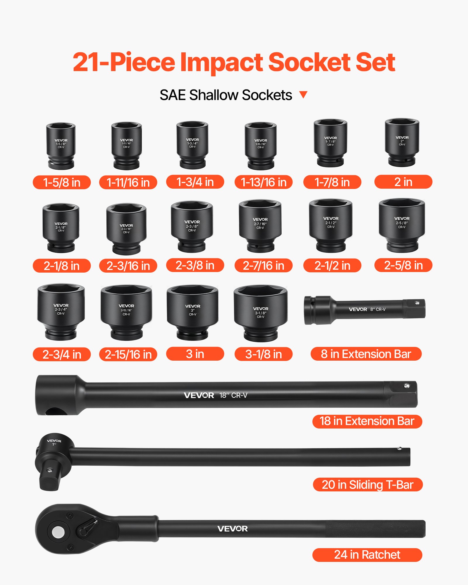 VEVOR 1 Inch Drive Impact Socket Set – 21 Pc CR-V, 6 Point