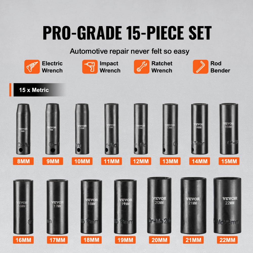 VEVOR Impact Sockets Set 15pcs 6-Point 3/8in Drive Bit Ratchet Tool Kit ...