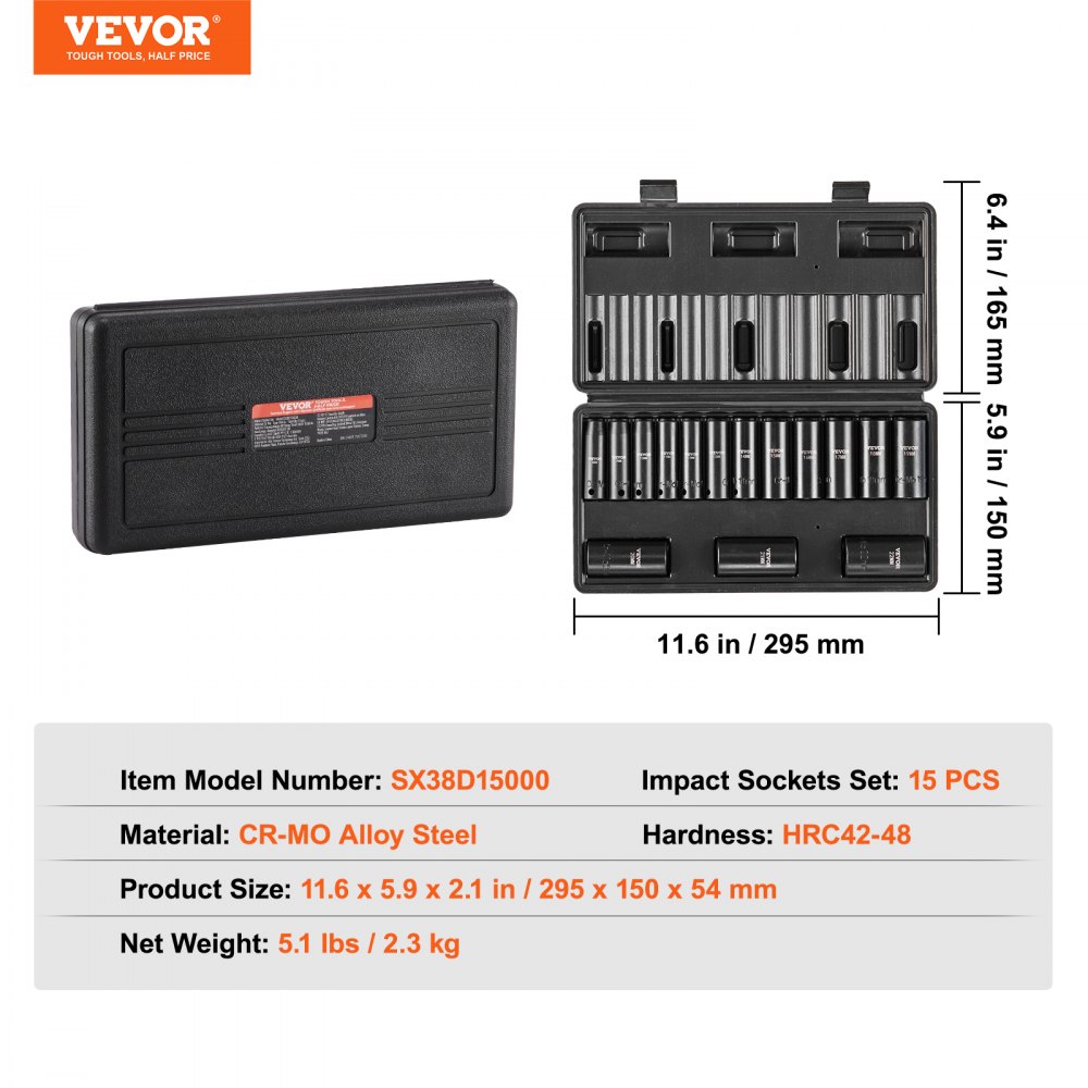 VEVOR Impact Sockets Set 15pcs 6-Point 3/8in Drive Bit Ratchet Tool Kit ...