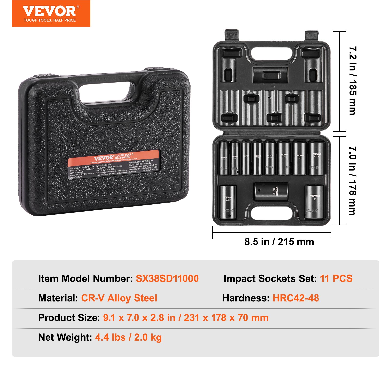 VEVOR Impact Sockets Set 11pcs 6-Point 3/8in Drive Bit Ratchet Tool Kit ...