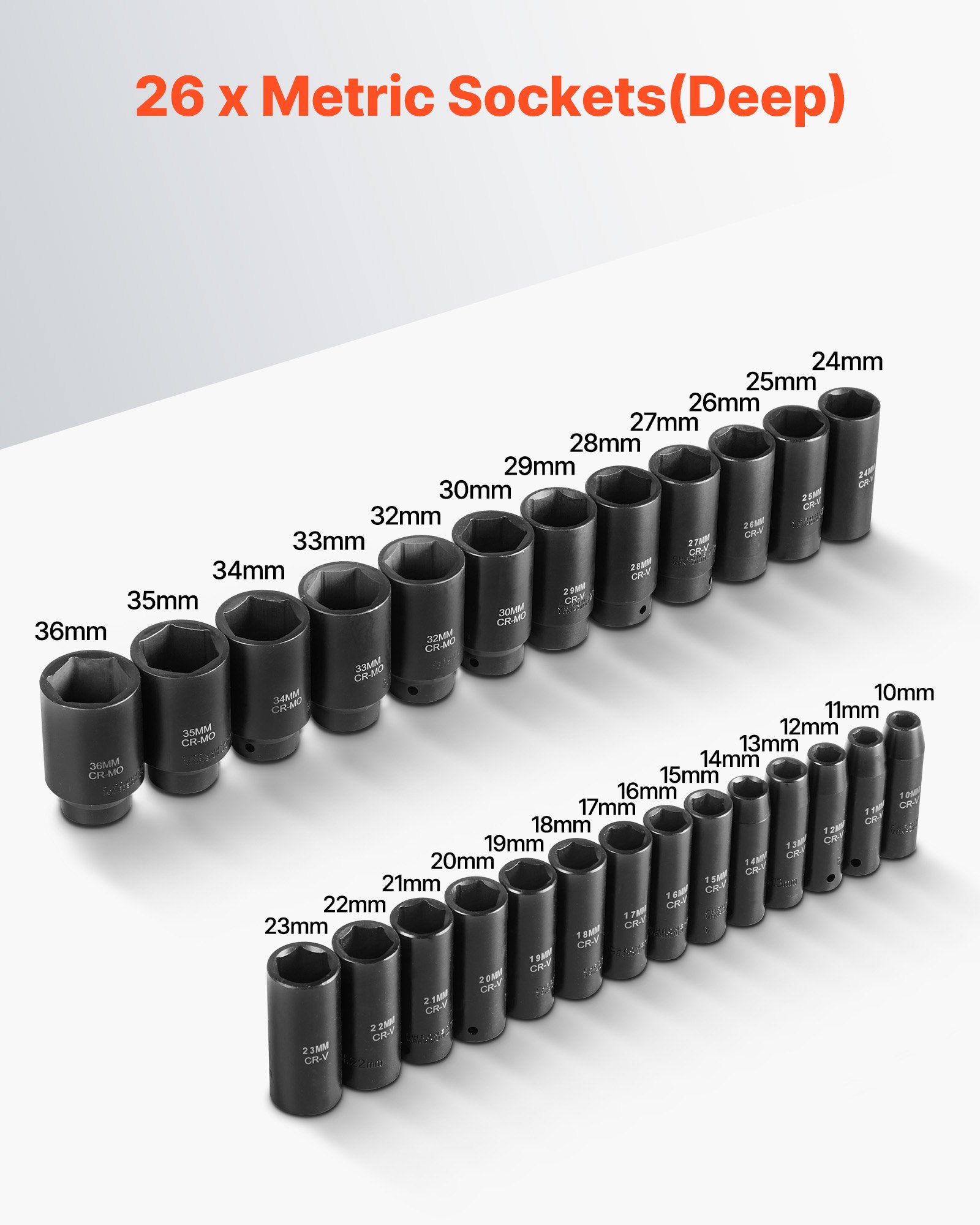 VEVOR 1 2 Inch Drive Impact Socket Set – 26-Piece, 6-Point
