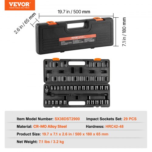 VEVOR Impact Sockets Set 29pcs 6-Point 3/8in Drive Bit Ratchet Tool Kit ...