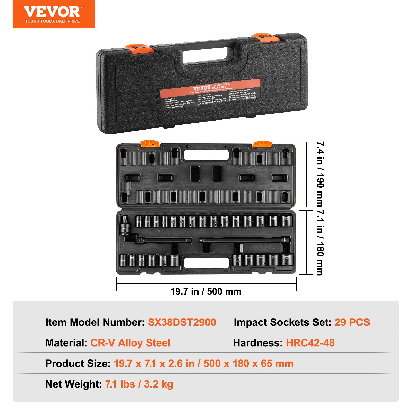 VEVOR Impact Sockets Set 29pcs 6-Point 3/8in Drive Bit Ratchet Tool Kit ...