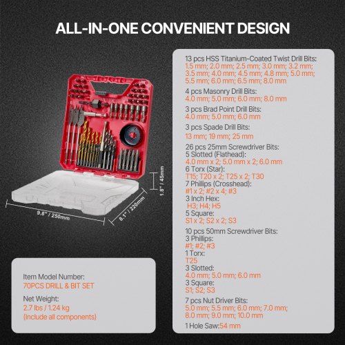 VEVOR Drill Bit Set 70 PCS Screwdriver Bit Set with Carrying Case Multi ...