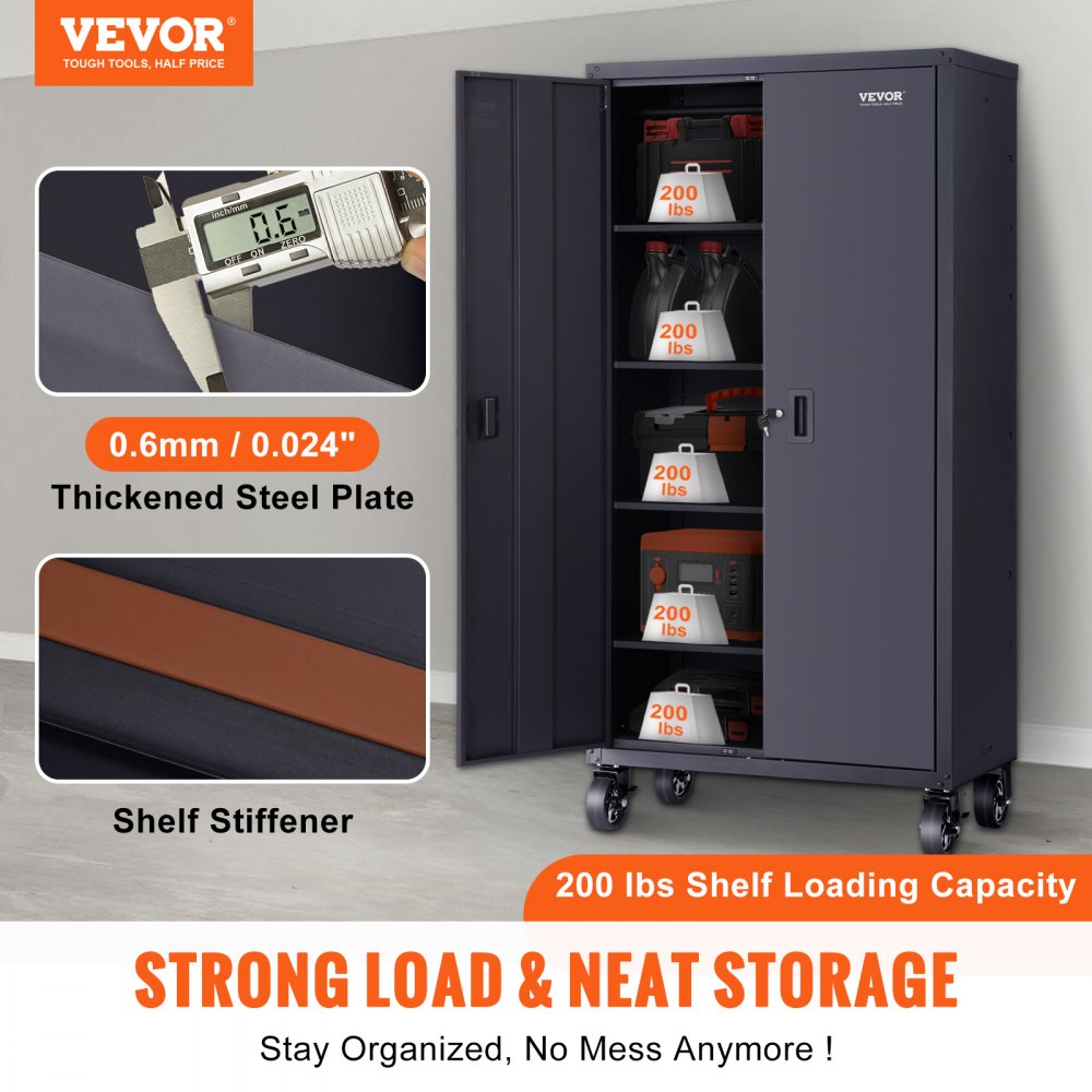 VEVOR Rolling Metal Storage Cabinet w/ 4 Adjustable Shelves & Lockable ...
