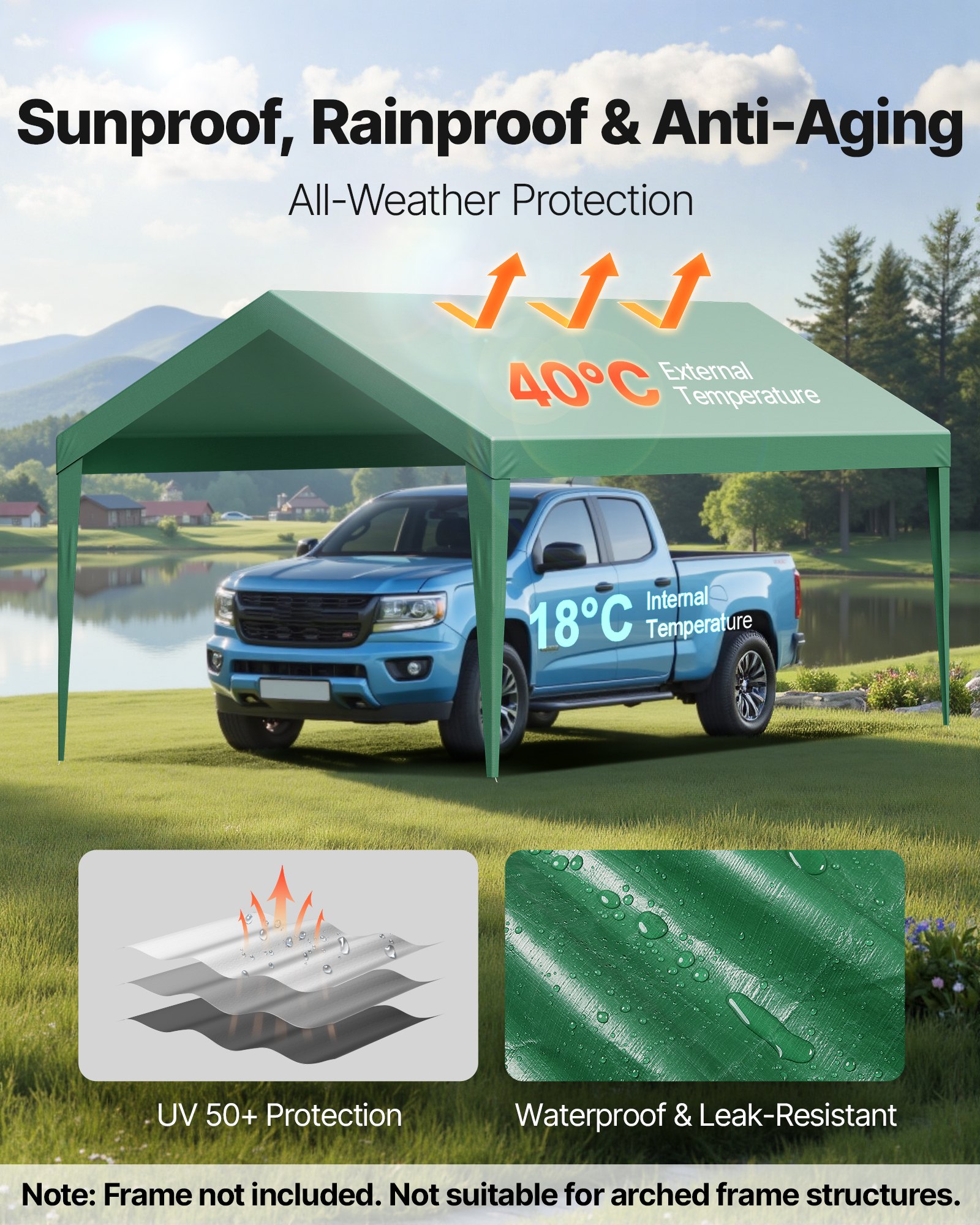 VEVOR Carport Replacement Canopy, 10 x 20 ft Potable Garage Tent Top ...