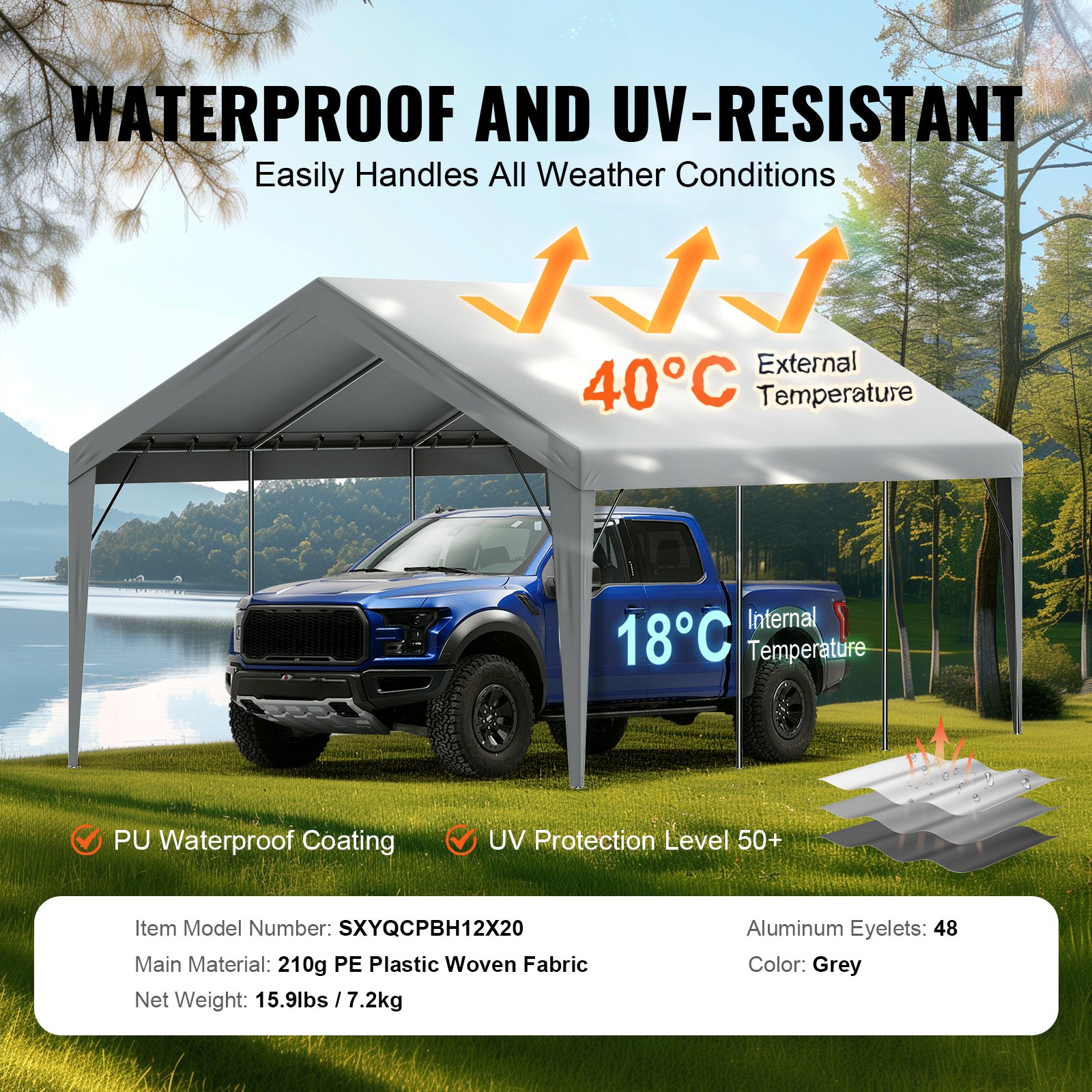 VEVOR Carport Replacement Canopy Cover 12 x 20 ft, Garage Top Tent ...