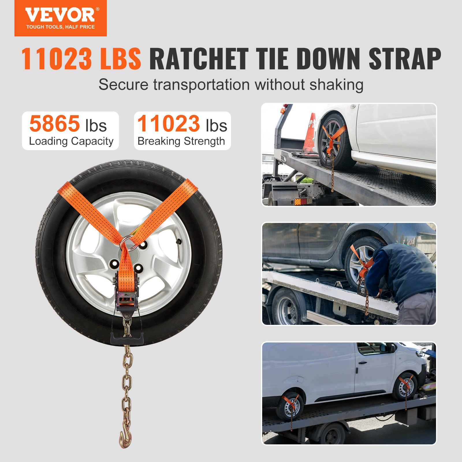 VEVOR Car Tie Down with Chain Anchors, Lasso Style 2"×120" Tire Straps ...