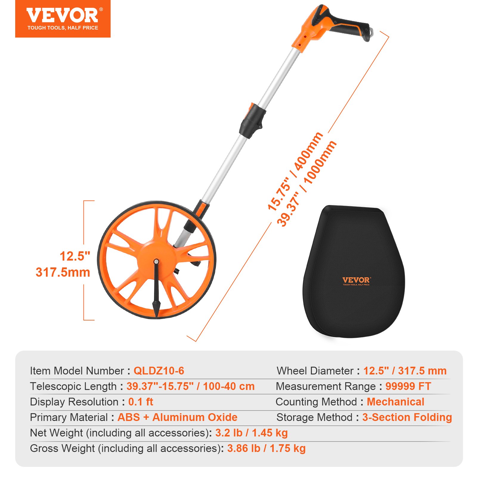 VEVOR Measuring Wheel in Feet, 12.5 in Wheel Diameter, 39.37-15.75 in ...