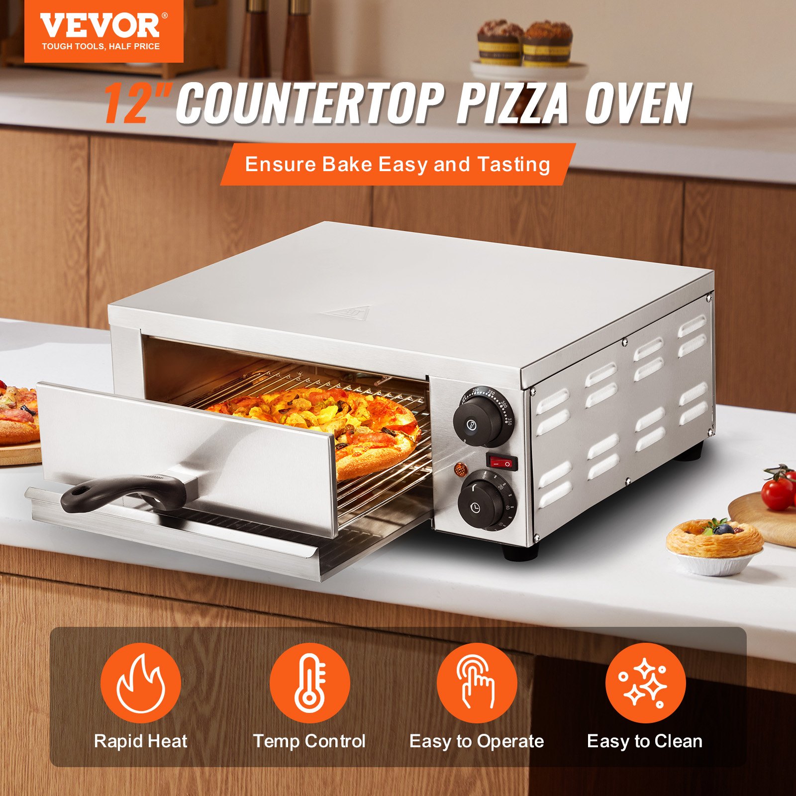 VEVOR Electric Countertop Pizza Oven 12" 1500W Adjustable Temp 0-120Min ...