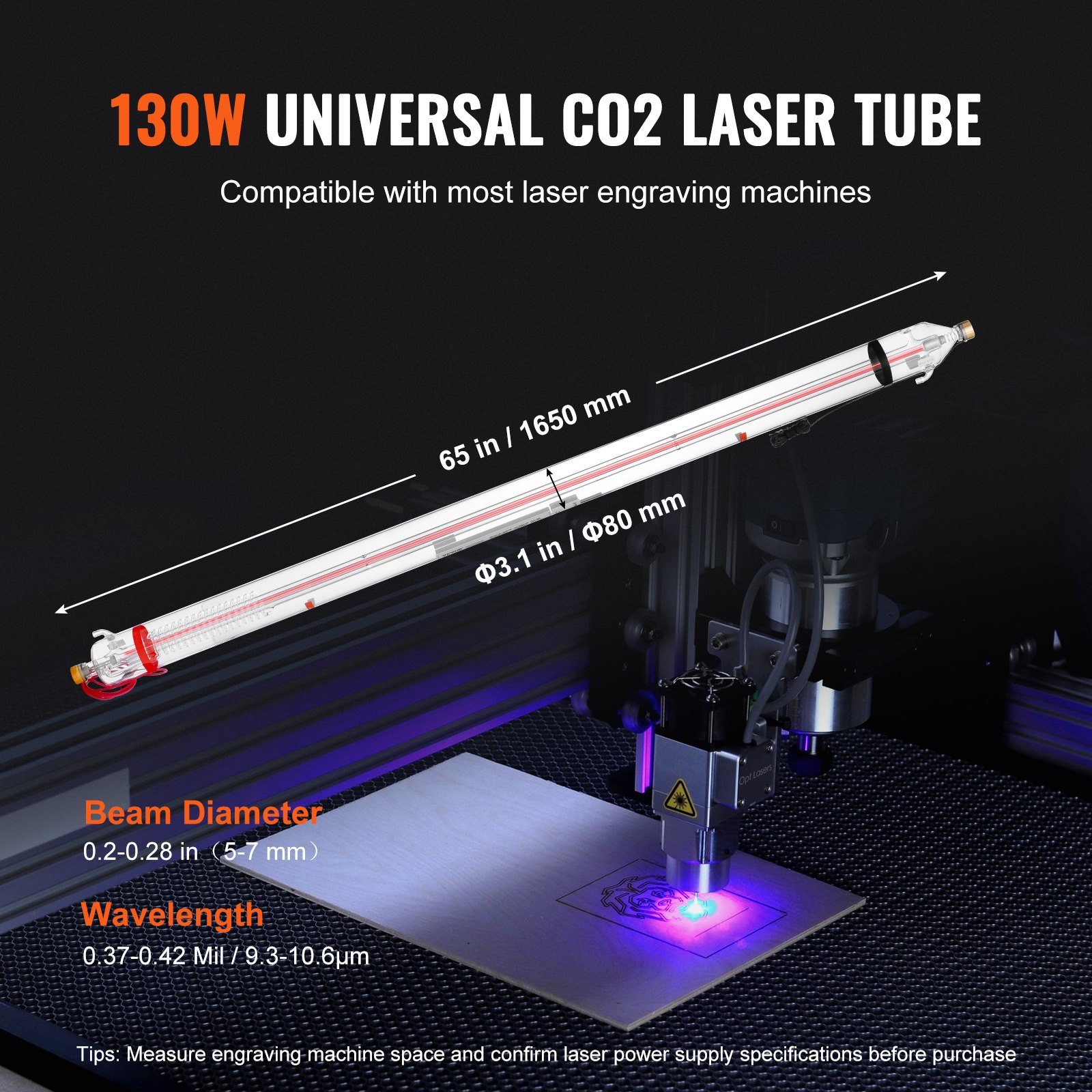 VEVOR 130W CO2 Laser Tube 65 in / 1650 mm Borosilicate Glass Laser ...