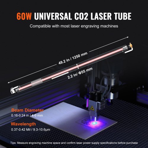 VEVOR 60W CO2 Laser Tube 49.2 in / 1250 mm Borosilicate Glass Laser ...