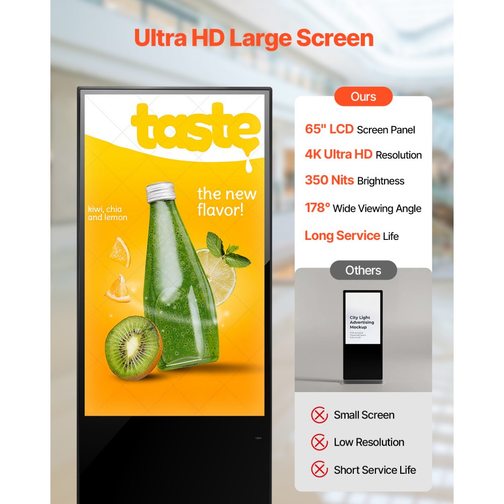 VEVOR 65 Inch Digital Signage Display – 4K, UHD, 2GB+32GB