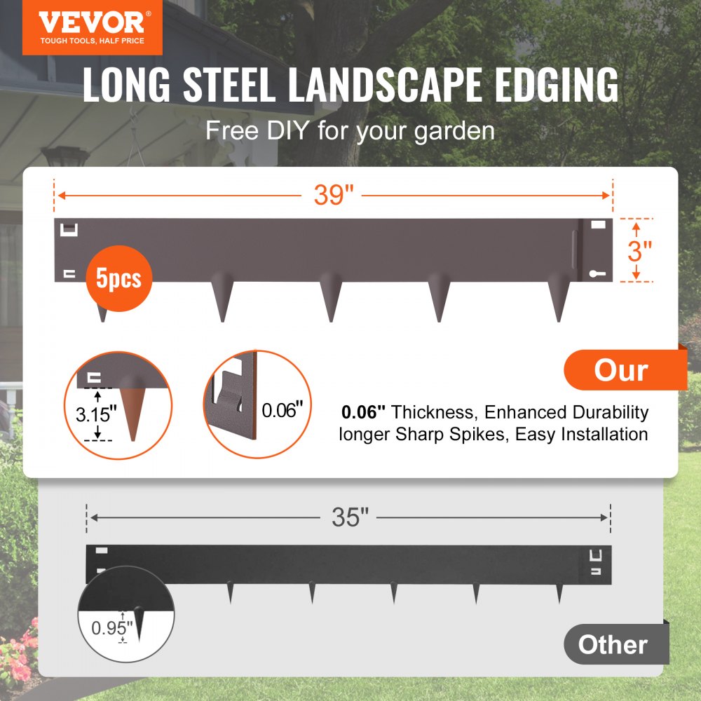 VEVOR Steel Landscape Edging, 5-pack Steel Garden Edging Borders, 39" L ...