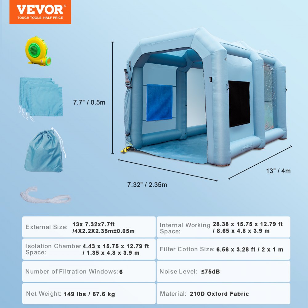 VEVOR Inflatable Paint Booth, 13x10x9ft Inflatable Spray Booth, 900W ...