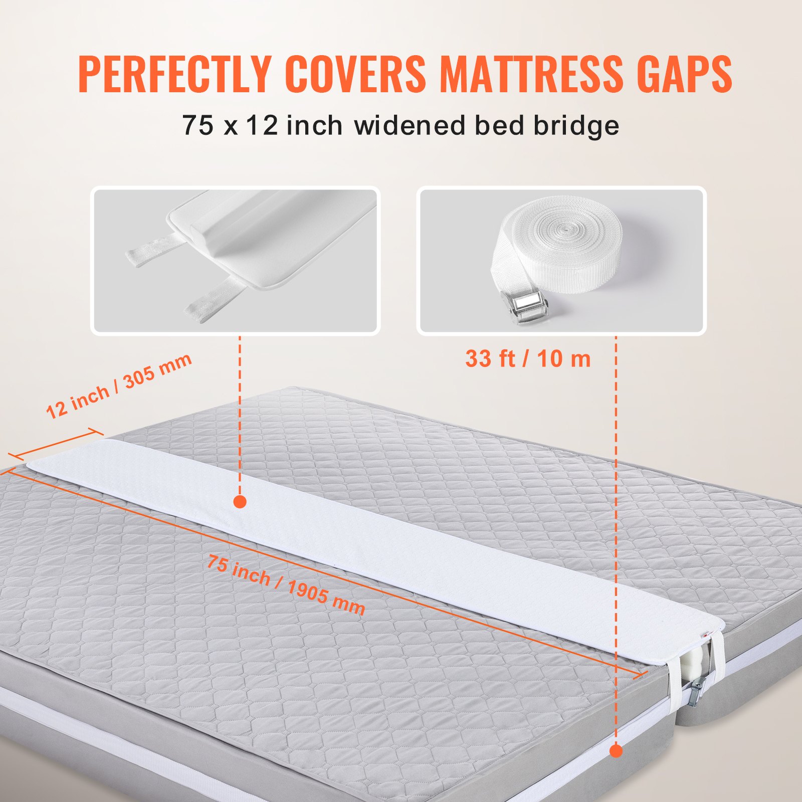 VEVOR Bed Bridge Twin to King – 75"L x 12"W, 33 ft Strap