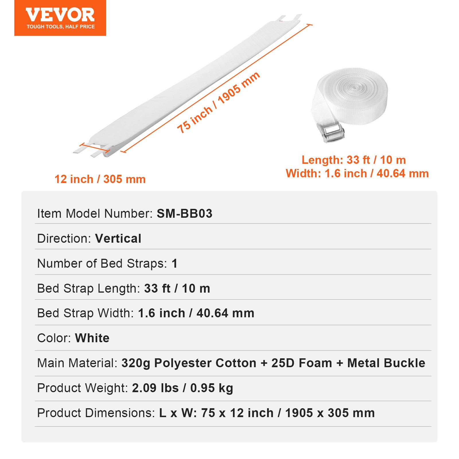 VEVOR Bed Bridge Twin to King – 75"L x 12"W, 33 ft Strap