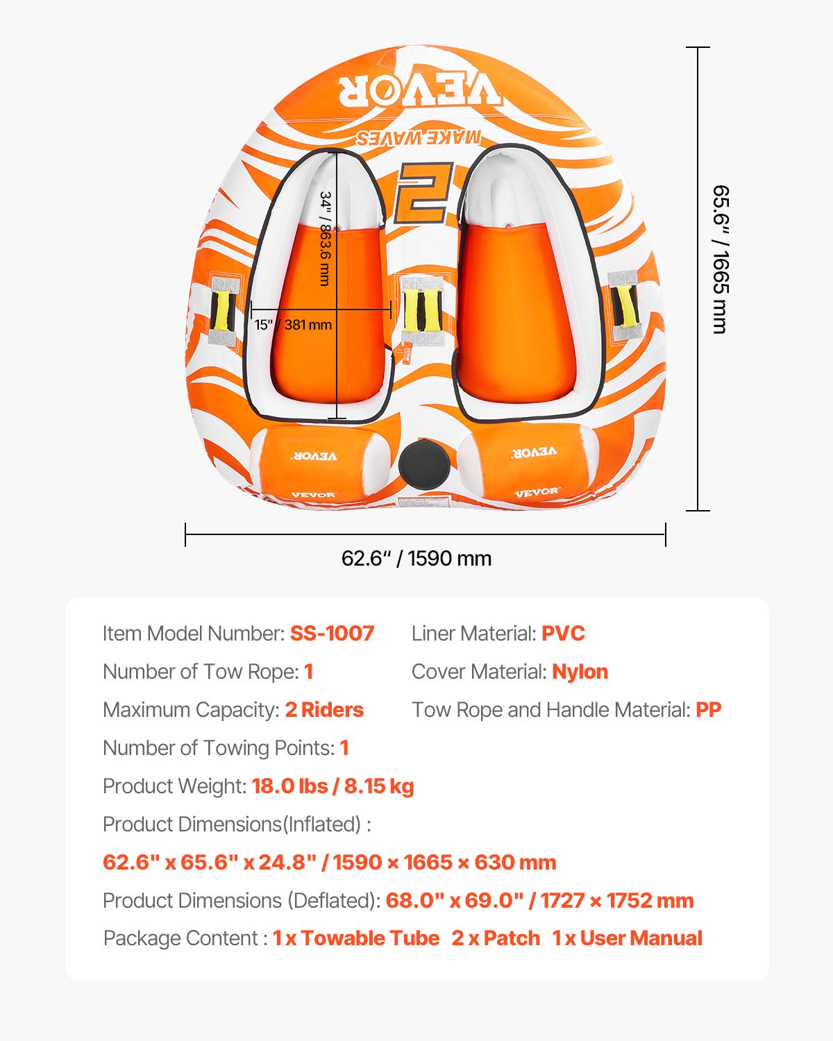 VEVOR Towable Tubes for Boating 2 Person, Inflatable Boat Tubes and ...