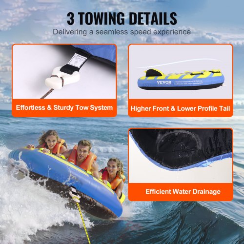 VEVOR Towable Tube for Boating, 1-3 Riders Inflatable Towable Tube with ...