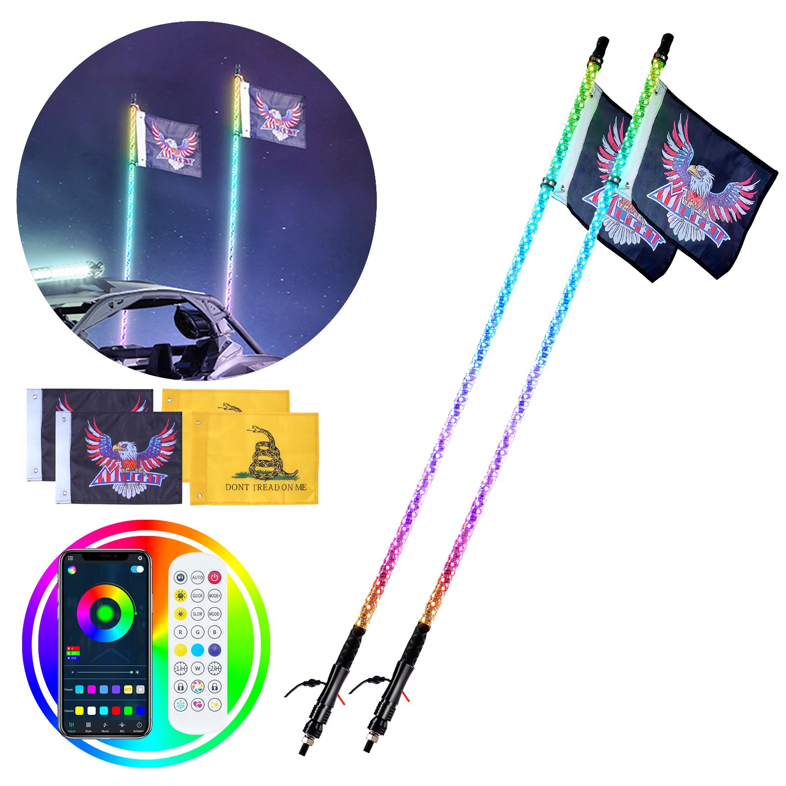 VEVOR 2 PCS 4 FT Whip Light, APP & RF Remote Control Led Whip Light ...