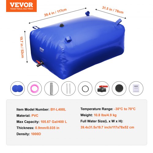 VEVOR Portable Water Storage Bladder 105.7 Gal 1000D PVC Collapsible ...