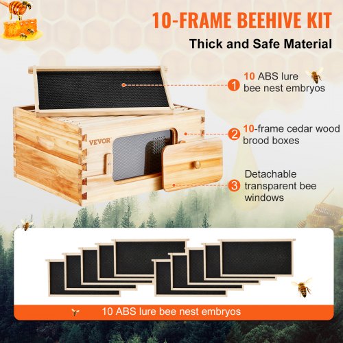 VEVOR Bee Hive Deep Box Starter Kit, 100% Beeswax Coated Natural Cedar ...