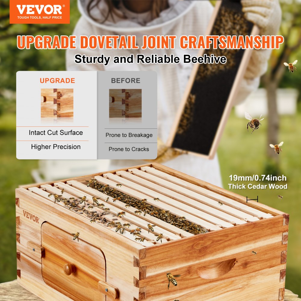 VEVOR Bee Hive Deep Box Starter Kit, 100% Beeswax Coated Natural Cedar ...