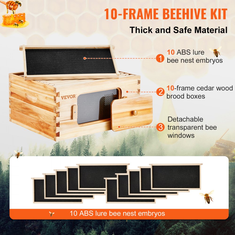 VEVOR Bee Hive Deep Box Starter Kit, 100% Beeswax Coated Natural Cedar ...