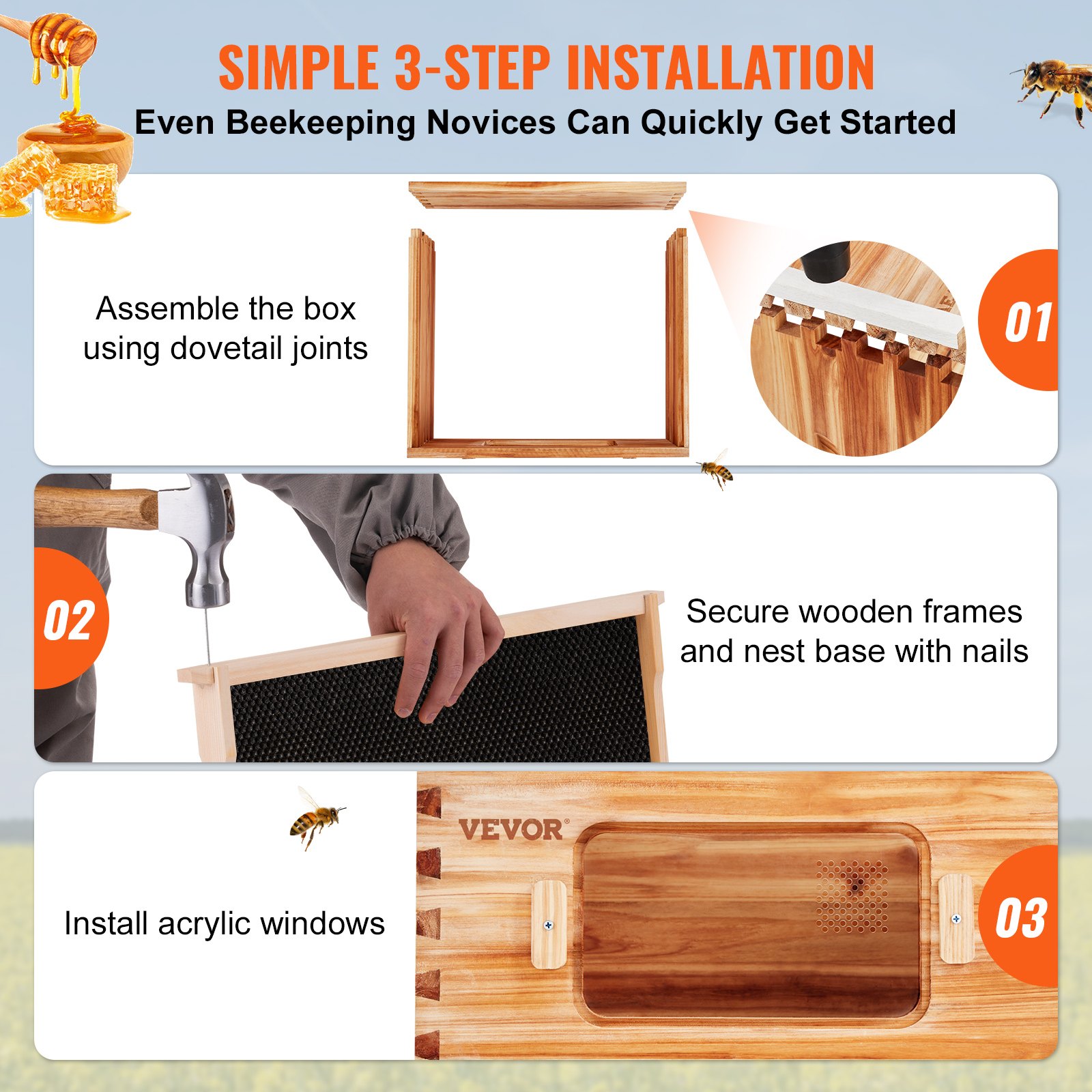 VEVOR Bee Hive Deep Box Starter Kit, 100% Beeswax Coated Natural Cedar ...