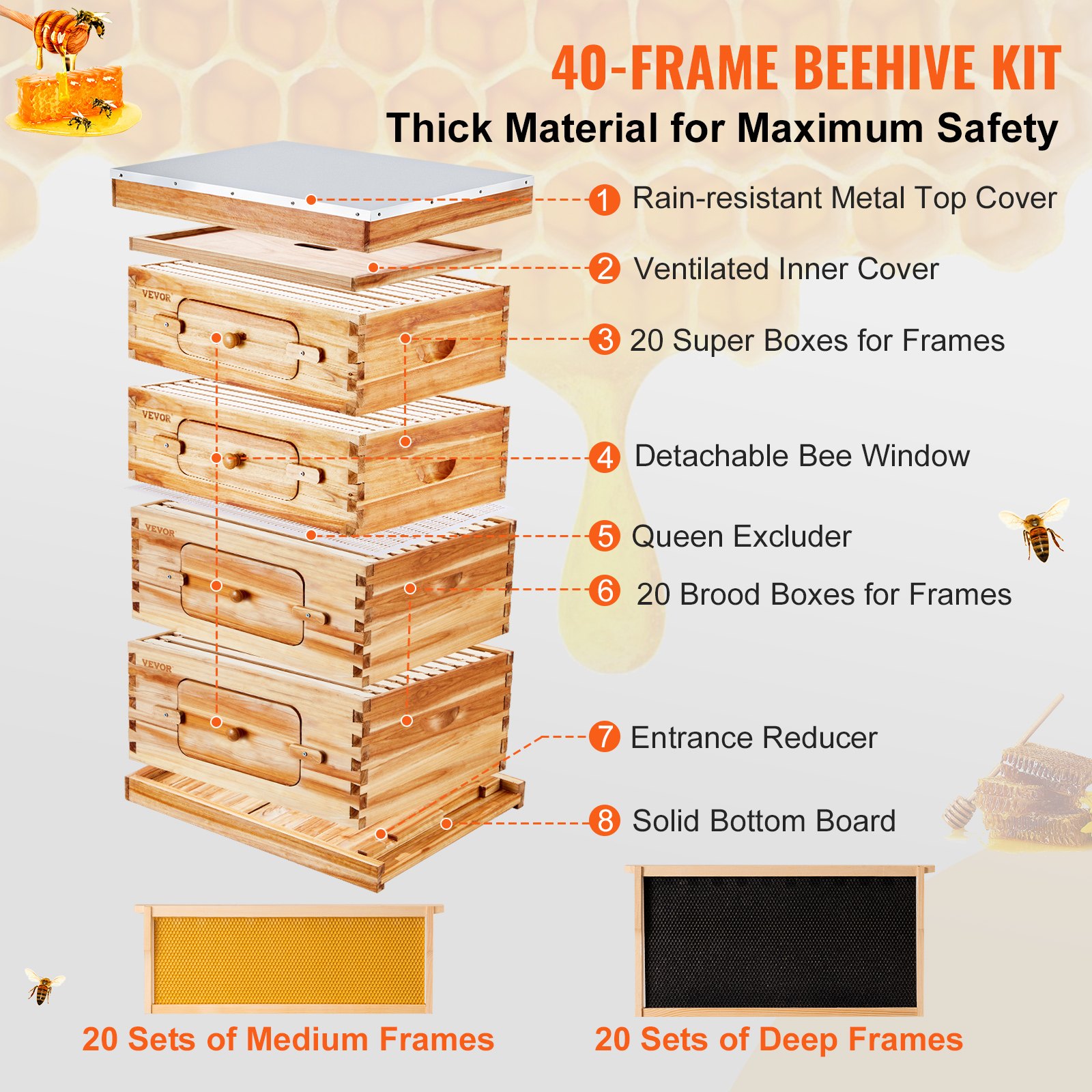 VEVOR Bee Hive 40 Frame Bee Hives Starter Kit, Beeswax Coated Cedar ...
