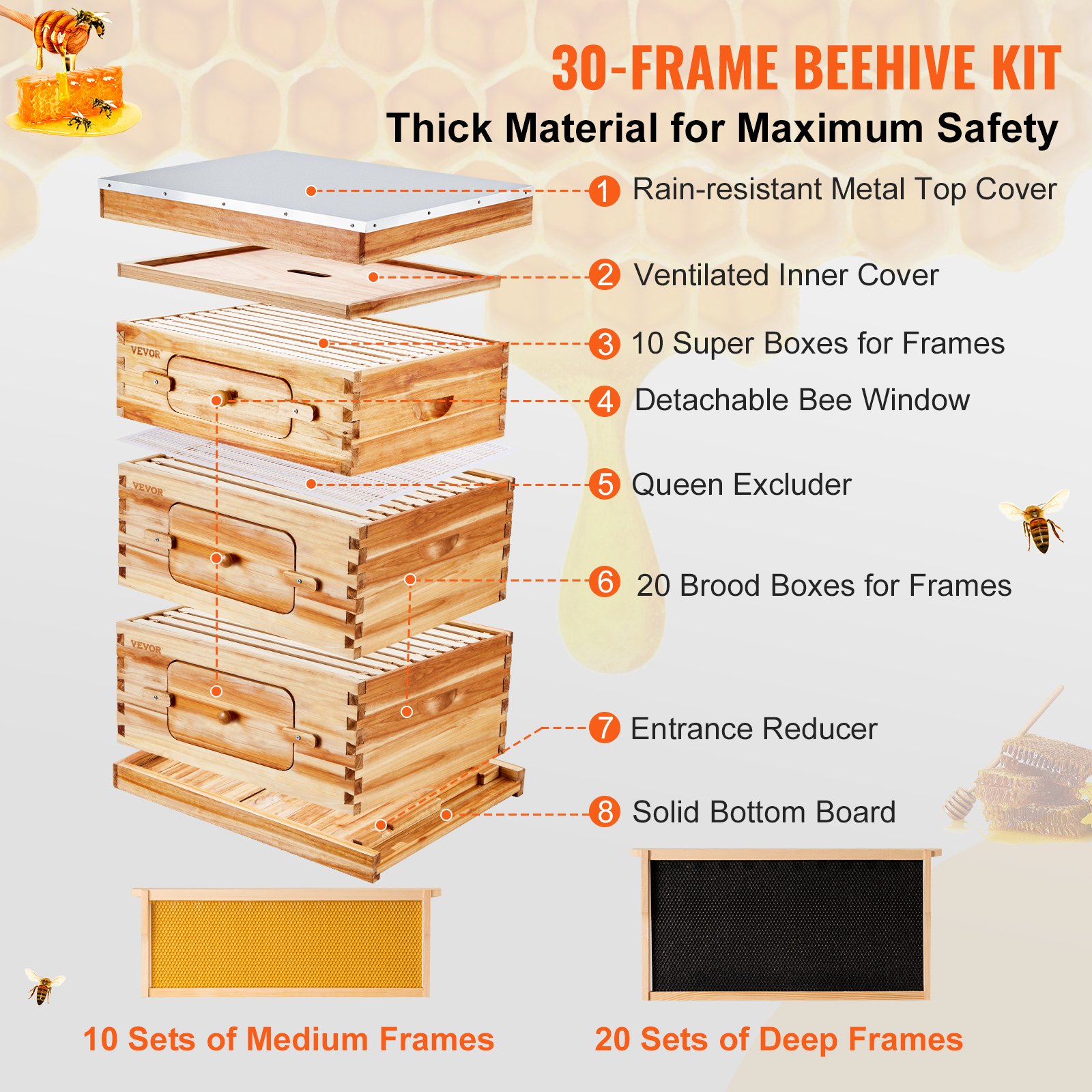 VEVOR Bee Hive 30 Frame Bee Hives Starter Kit, Beeswax Coated Fir Wood ...