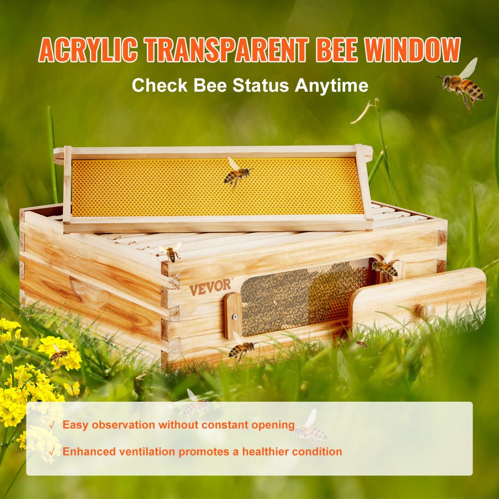VEVOR Bee Hive Medium Box Starter Kit, 100% Beeswax Coated Natural ...
