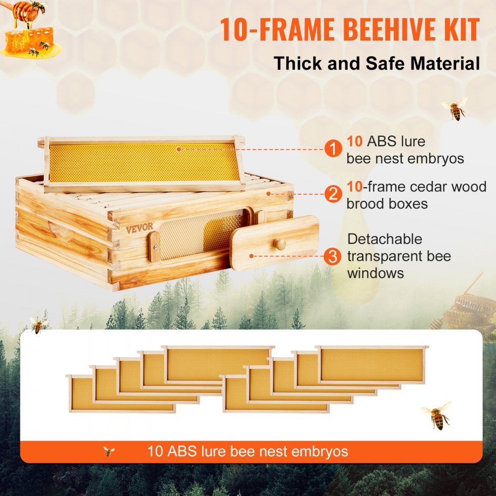 VEVOR Bee Hive Medium Box Starter Kit, 100% Beeswax Coated Natural Cedar Wood, Langstroth ...